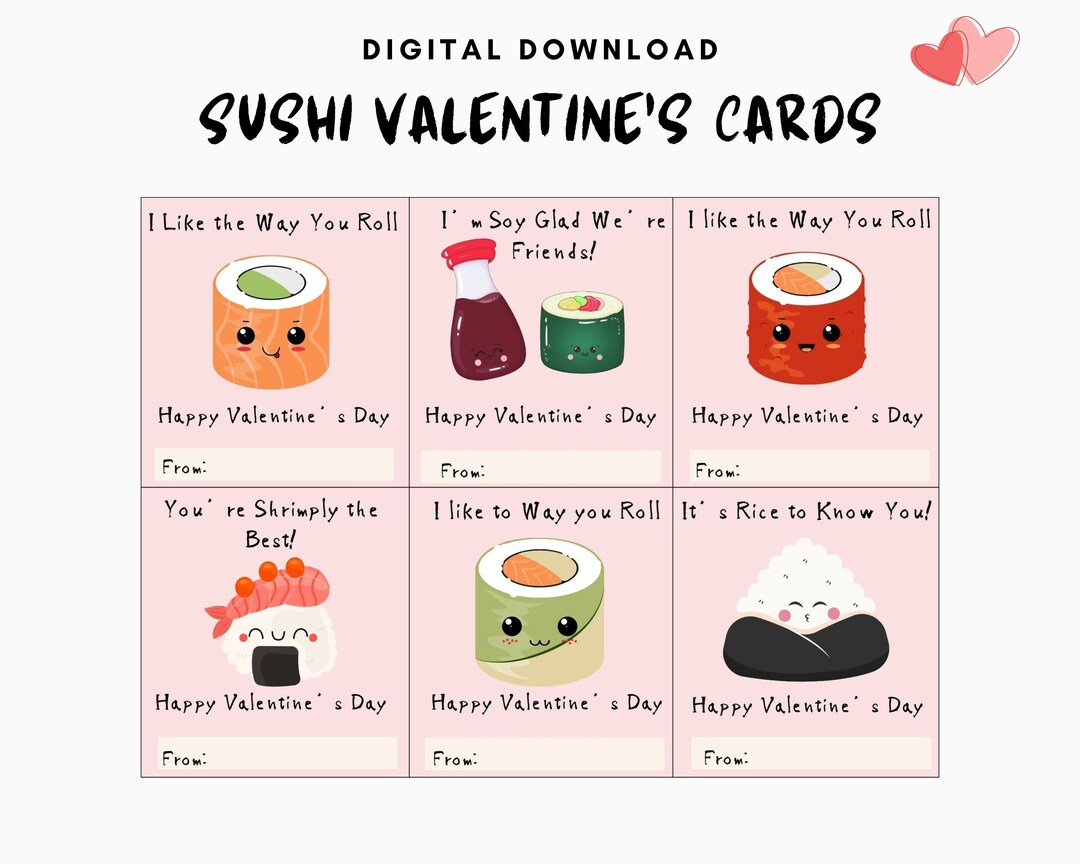Printable Sushi Valentine's Cards- Instant Download, School, Gift Tags ...