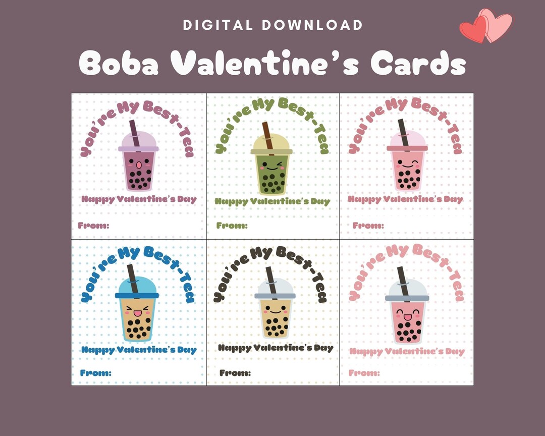 Printable Boba Tea Valentines Cards- Instant Download, School, Gift Tag ...