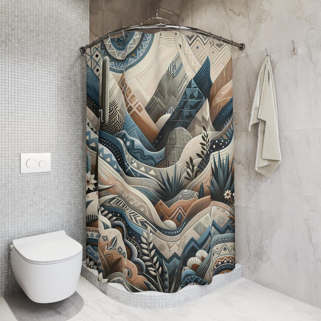 Abstract Mountain Landscape Shower Curtain in Earthy Tones for Bohemian ...