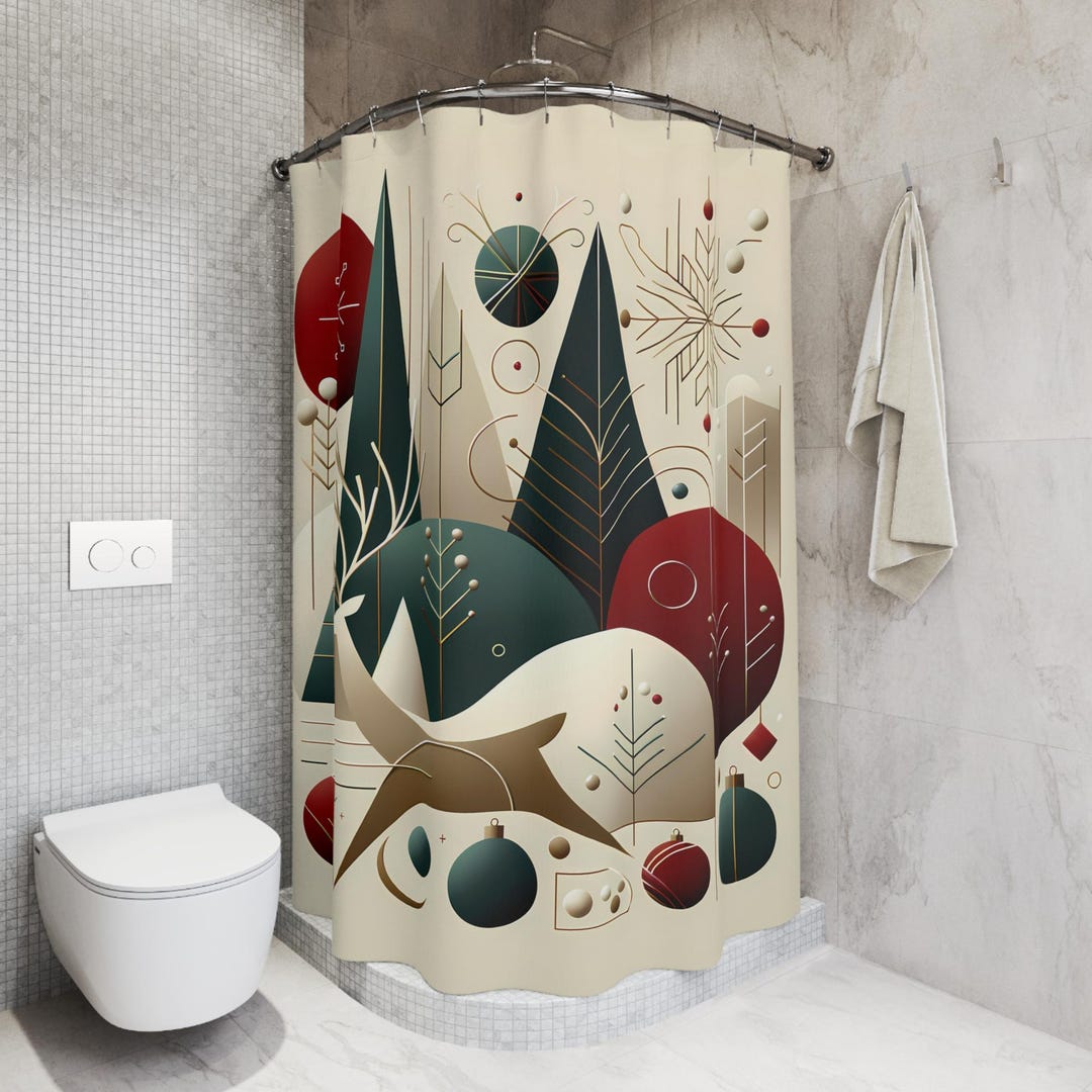 Mid-century Modern Holiday Shower Curtain Featuring Stylized Reindeer ...