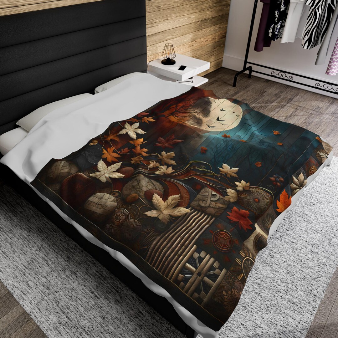 Cozy Autumn Blanket Featuring Moonlit Fall Leaves in a Chic Modern Art ...