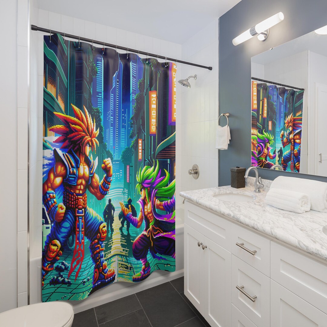 Dynamic Retro Pixel Art Shower Curtain Featuring Epic Battle in a Neon ...