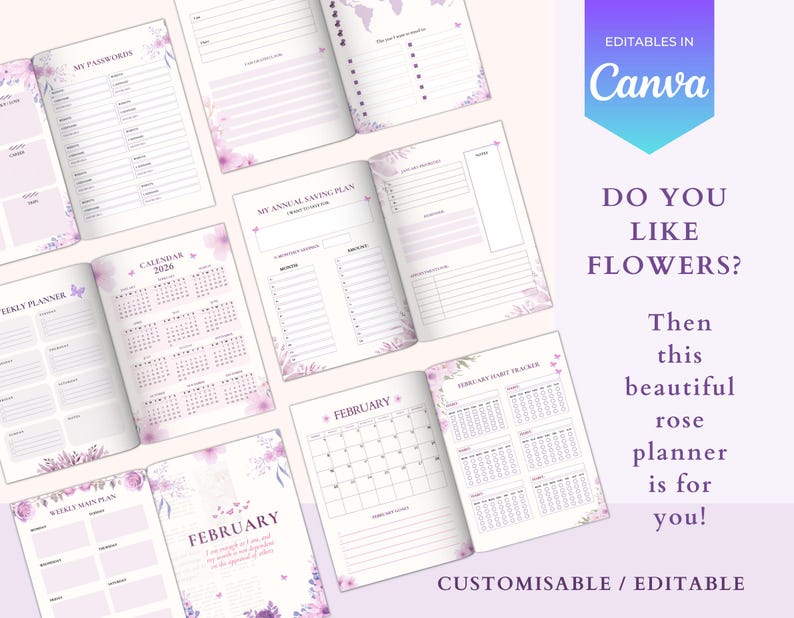2026 Rose Planner Template: Floral Agenda, Goals, Habits (canva ...