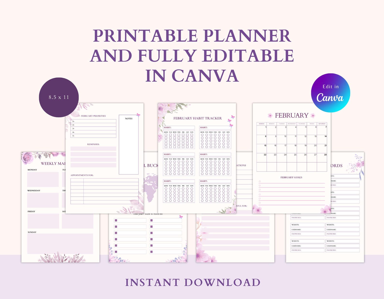 2026 Rose Planner Template: Floral Agenda, Goals, Habits (canva ...