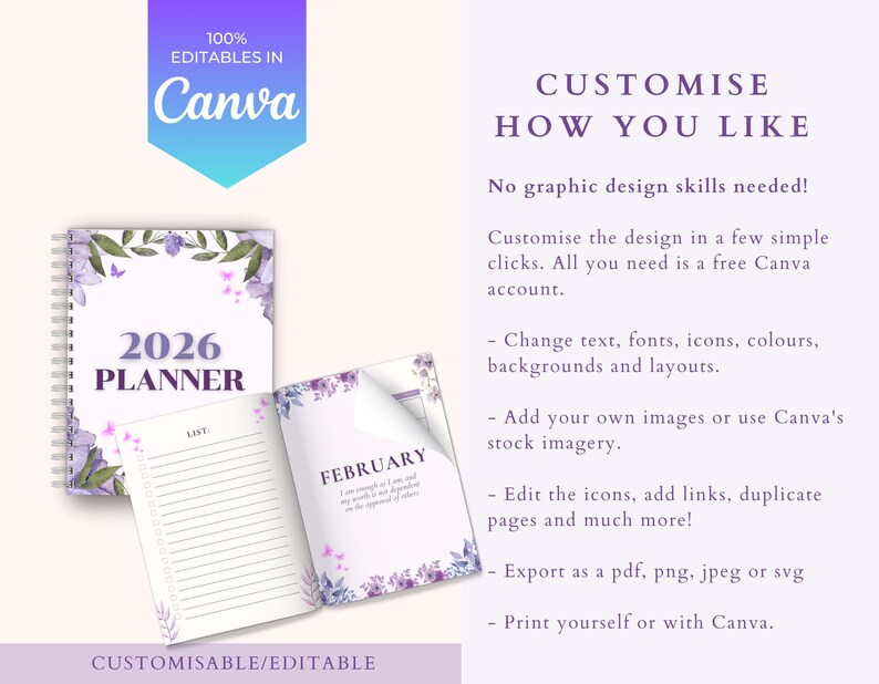 2026 Purple Floral Planner Template: Editable Canva Life Planner ...