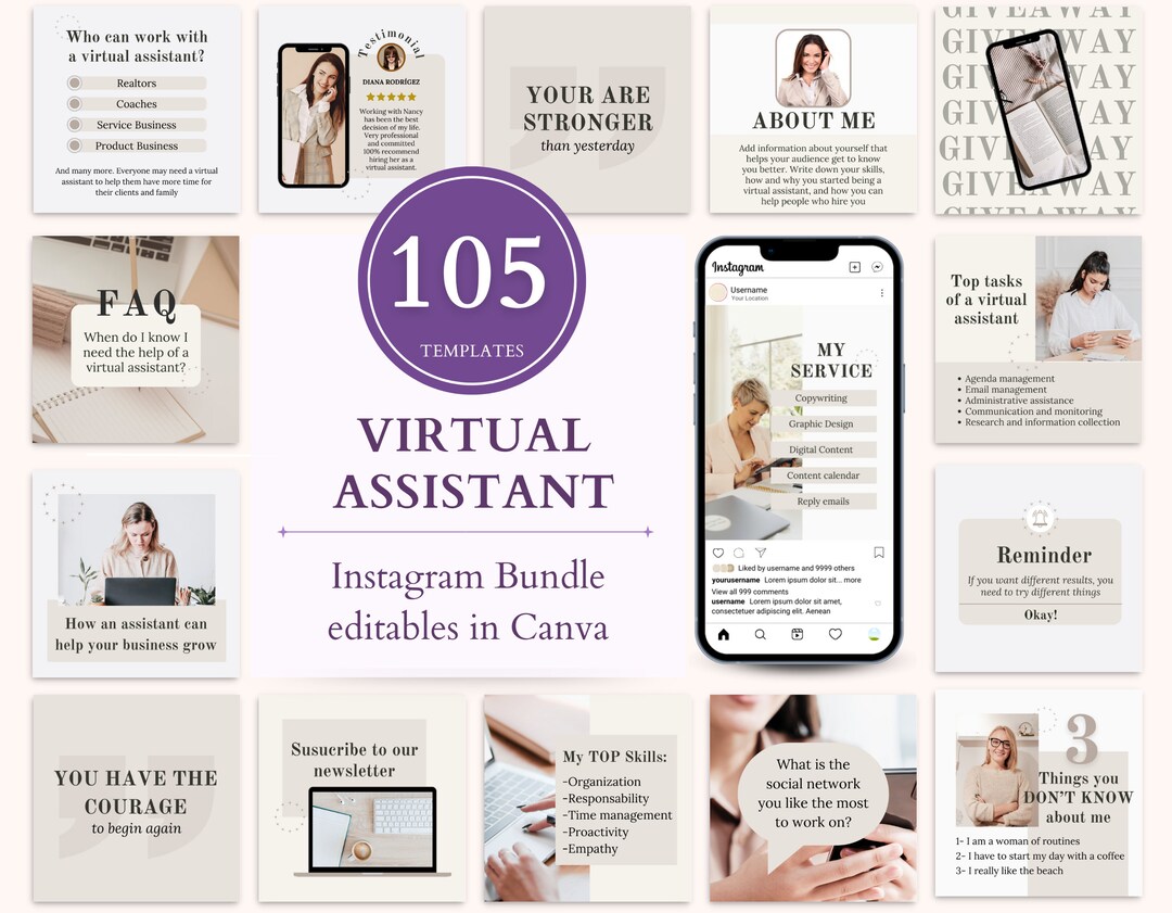 Virtual Assistant Instagram Templates: 105 Canva Posts (digital ...