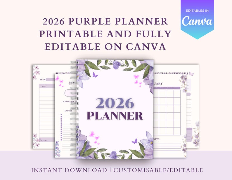 2026 Purple Floral Planner Template: Editable Canva Life Planner ...