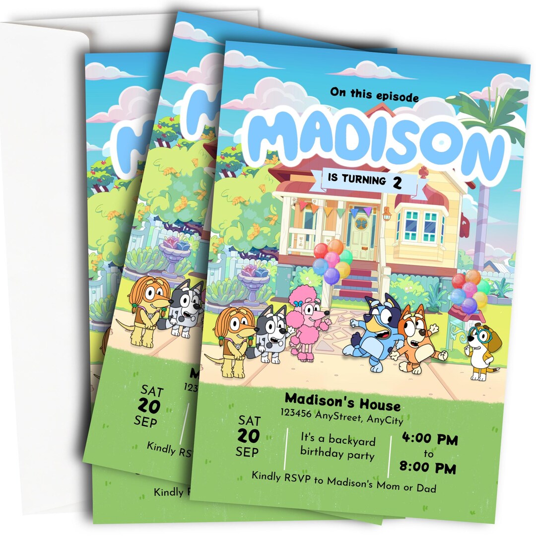 12 Invites and 12 Envelopes, Bluey Birthday Invite With Peel and Seal ...