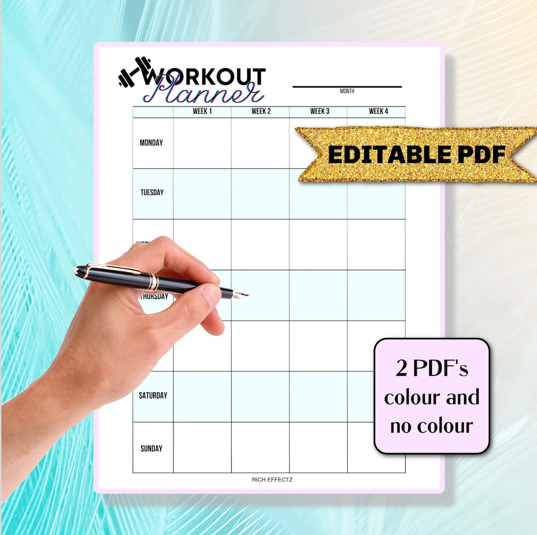EDITABLE Monthly Workout Planner (2 Pdf's Colour and No Colour) - Etsy