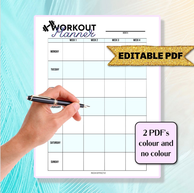 EDITABLE Monthly Workout Planner (2 Pdf's Colour and No Colour) - Etsy