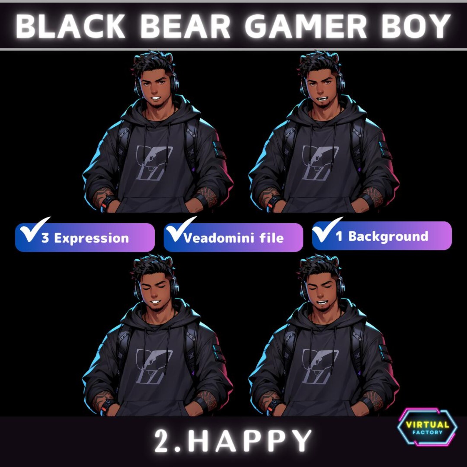 Premade Pngtuber Model Black Bear Boy Vtuber Model Male PNG Vtuber ...