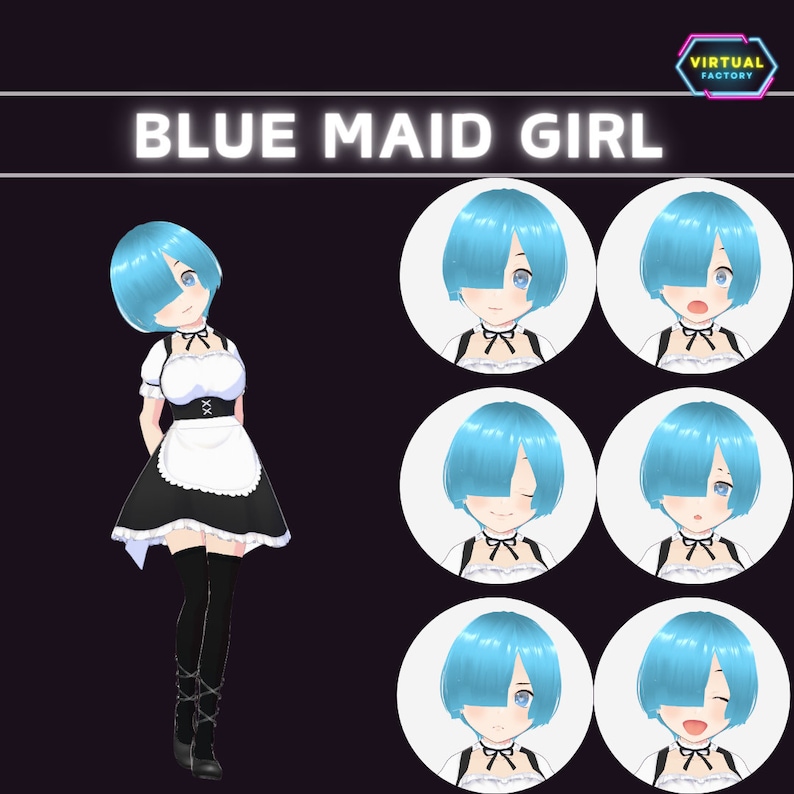 Premade 3D Vtuber Model Blue Maid Girl Ready to Use Vroid VRM L Twitch ...