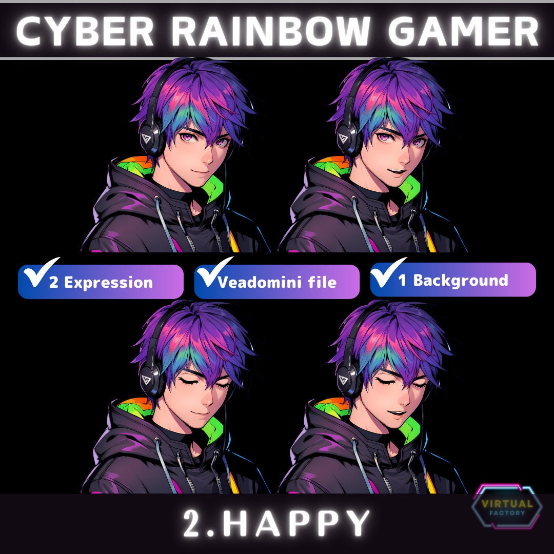 Premade Pngtuber Model Rainbow Gamer Boy Vtuber Model Male PNG Vtuber ...