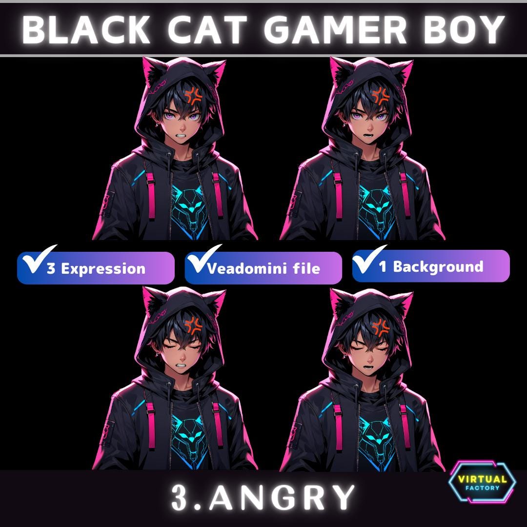 Premade Pngtuber Model Black Cat Boy Vtuber Model Cute Male PNG Vtuber ...
