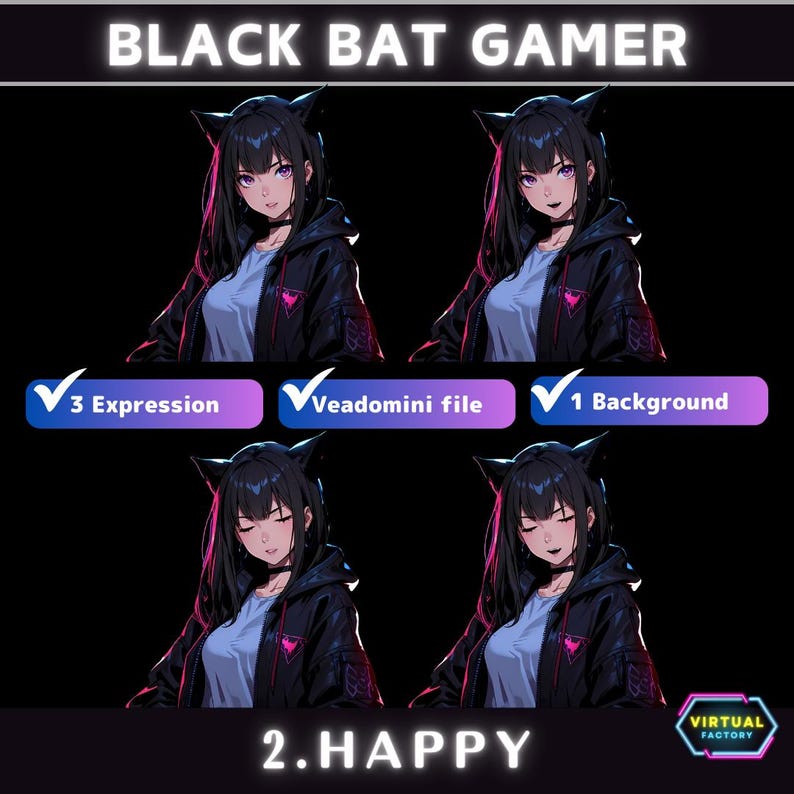 Premade Pngtuber Model Black Bat Girl Vtuber Model Cute Female PNG ...