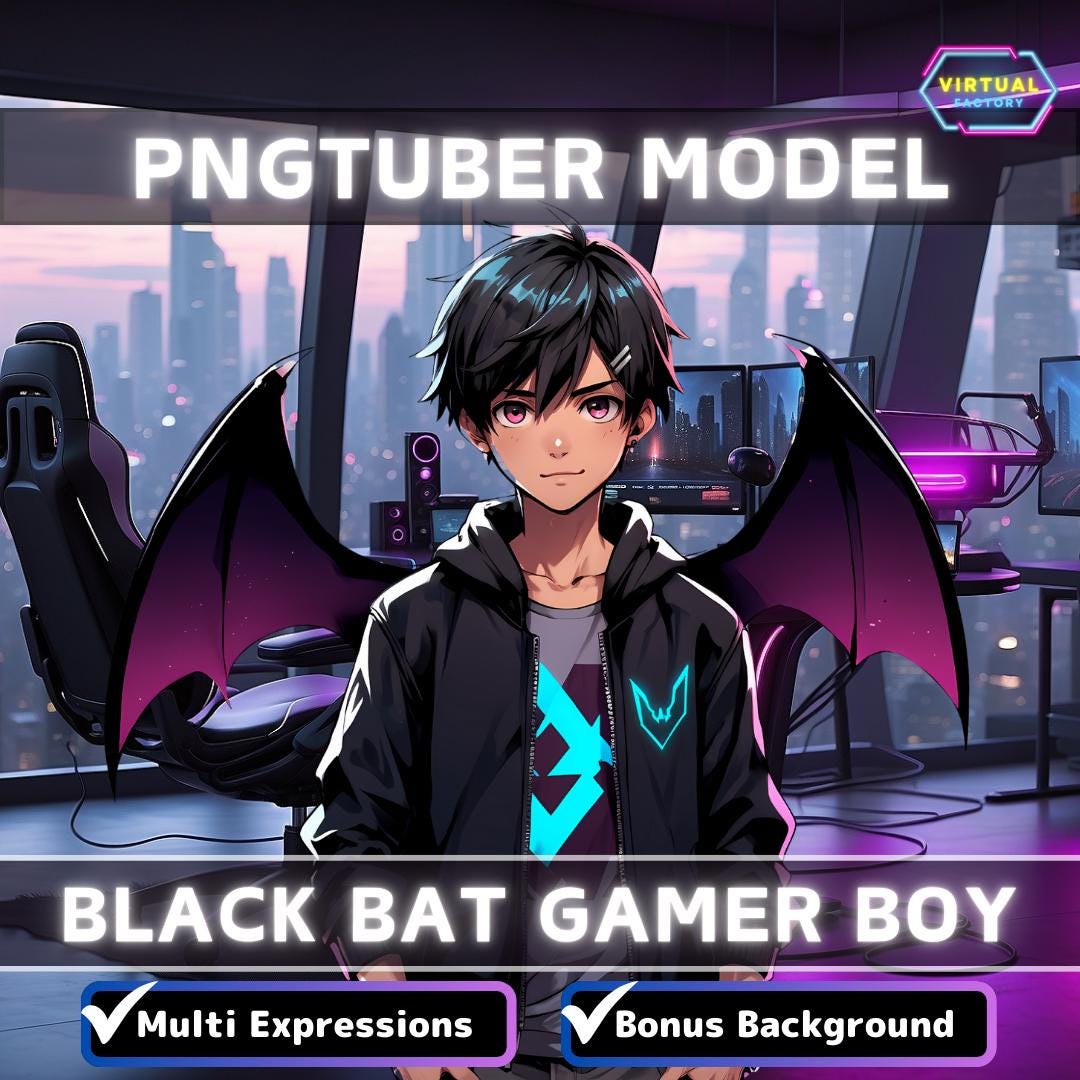 Premade Pngtuber Model Black Bat Boy Vtuber Model Male PNG Vtuber ...