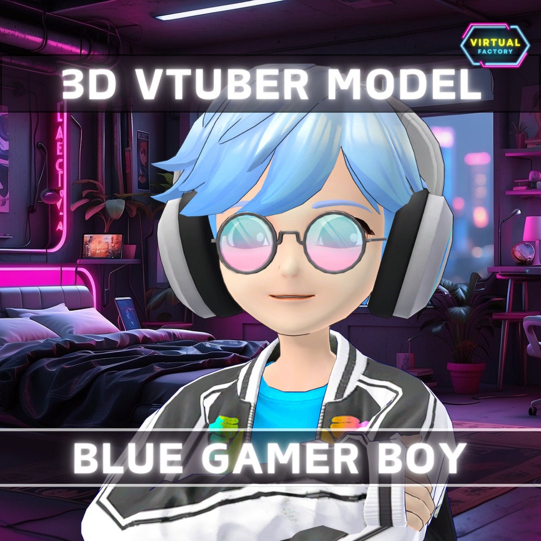 Premade 3D Vtuber Model Blue Gamer Boy Ready to Use VRM L Twitch ...