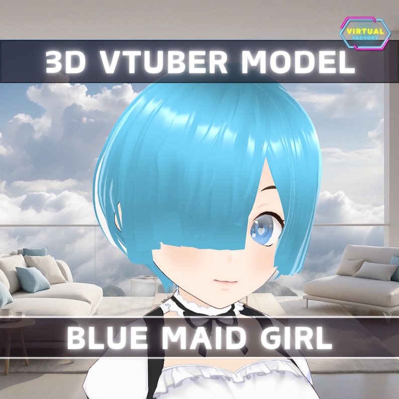 Premade 3D Vtuber Model Blue Maid Girl Ready to Use Vroid VRM L Twitch Youtube Streaming OBS ...