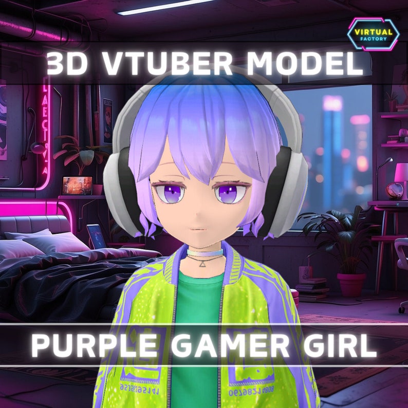 Premade 3D Vtuber Model Purple Gamer Girl Ready to Use VRM L Twitch ...