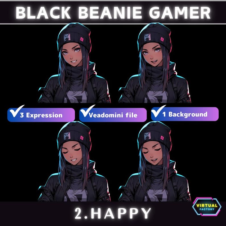 Premade Pngtuber Model Black Beanie Girl Vtuber Model Cute Female PNG ...