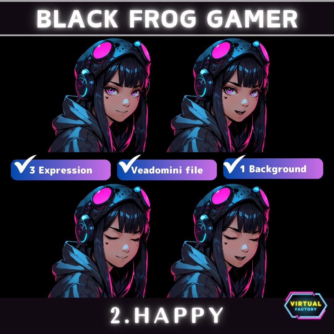 Premade Pngtuber Model Black Frog Girl Vtuber Model Cute Female PNG ...