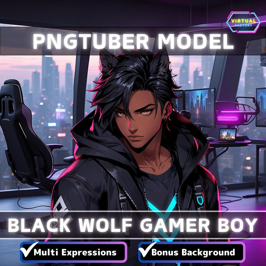 Premade Pngtuber Model Black Wolf Boy Vtuber Model Male PNG Vtuber ...