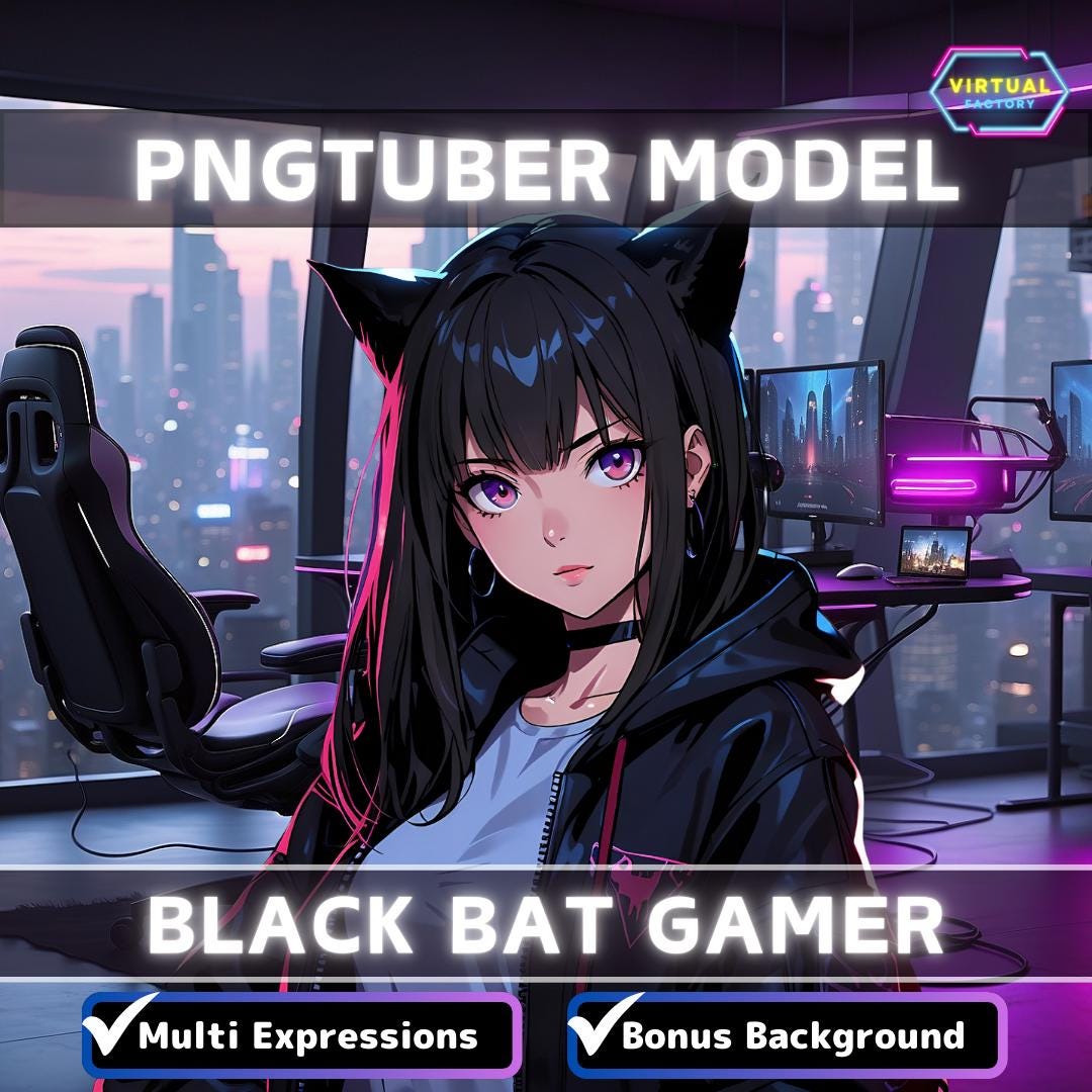 Premade Pngtuber Model Black Bat Girl Vtuber Model Cute Female PNG ...