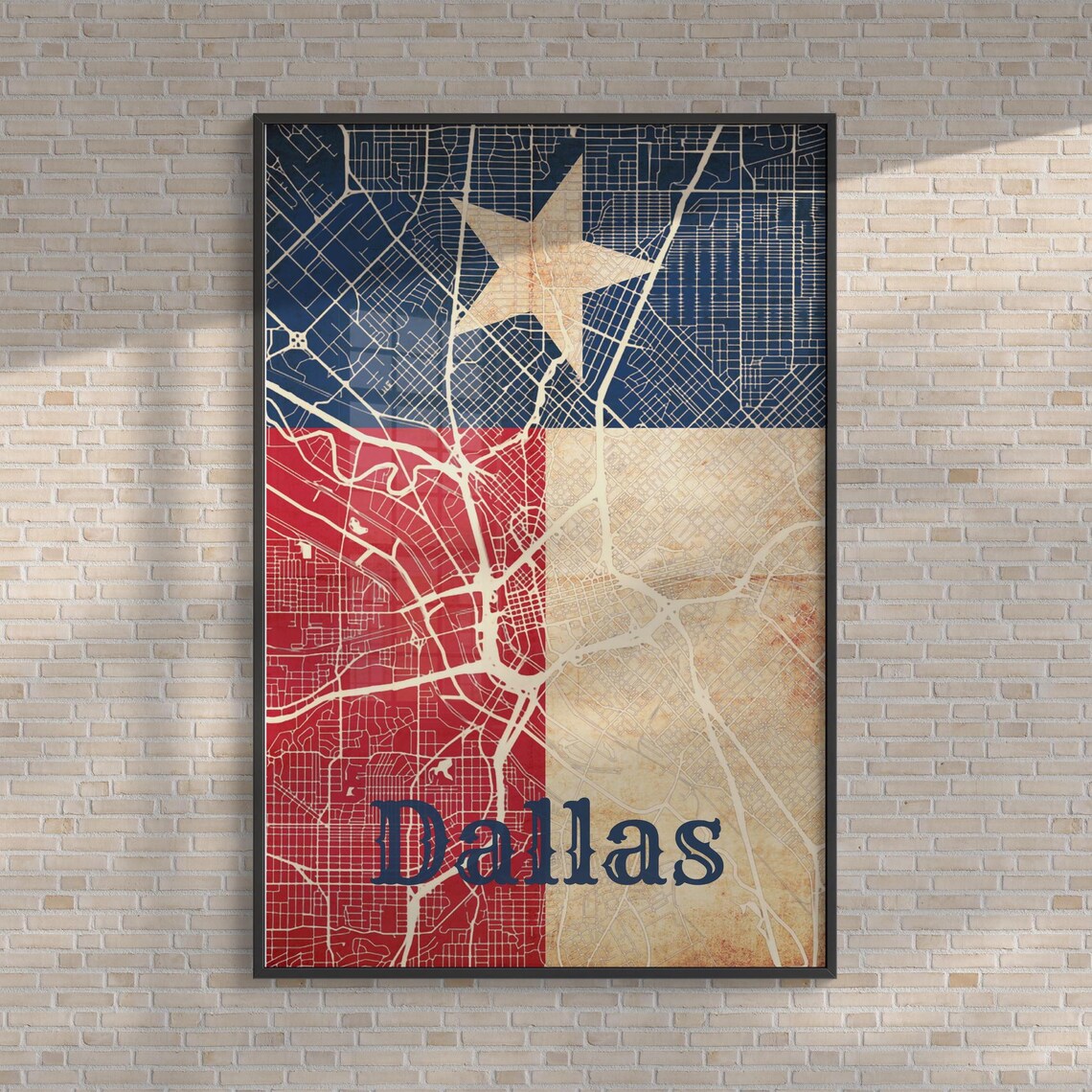 Dallas Texas Map Art Print: Vertical Cityscape, Texas Flag - Etsy