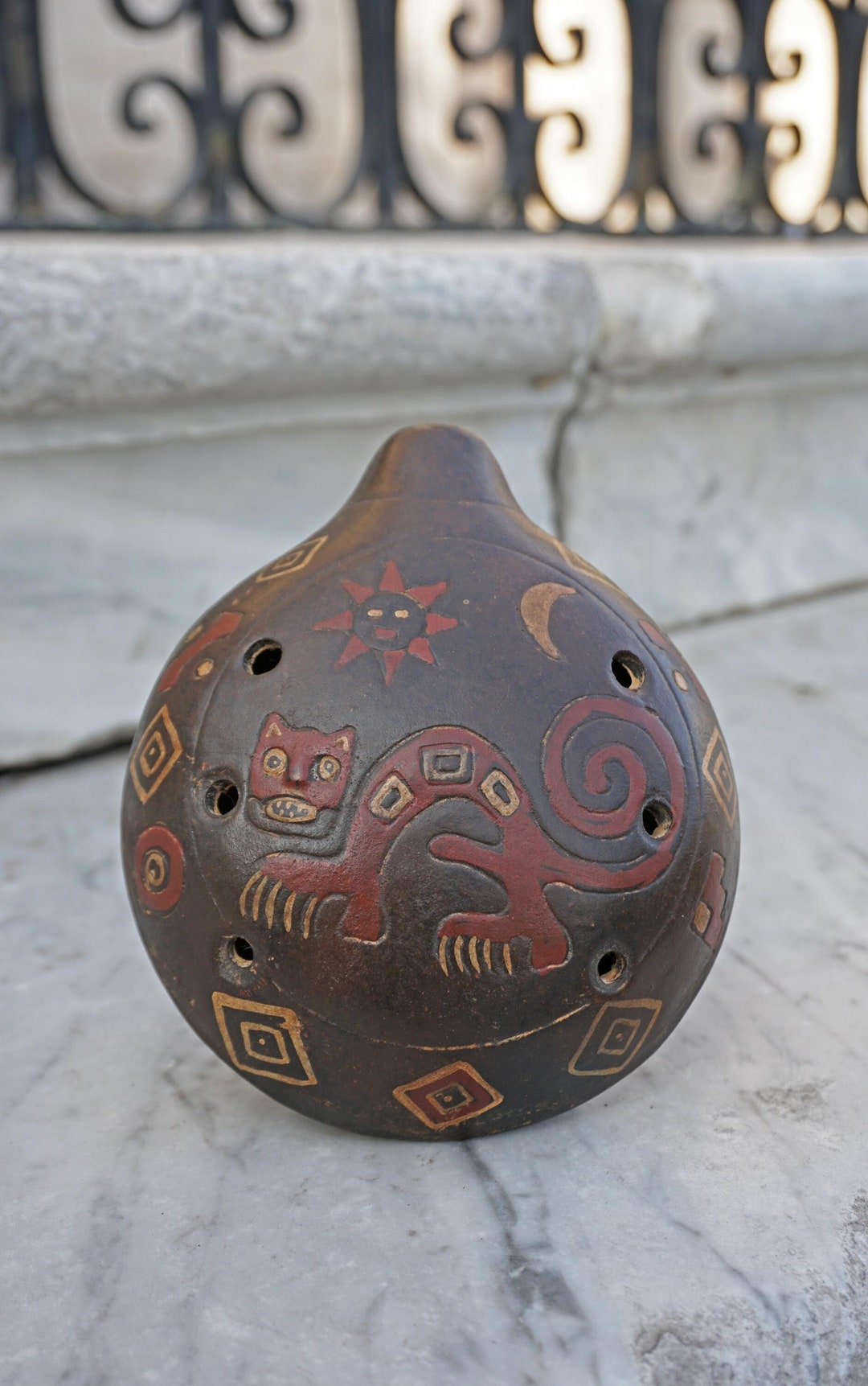 Peruvian Jaguar Ocarina / Clay Whistle Flute Otorongo / Hand Painted ...