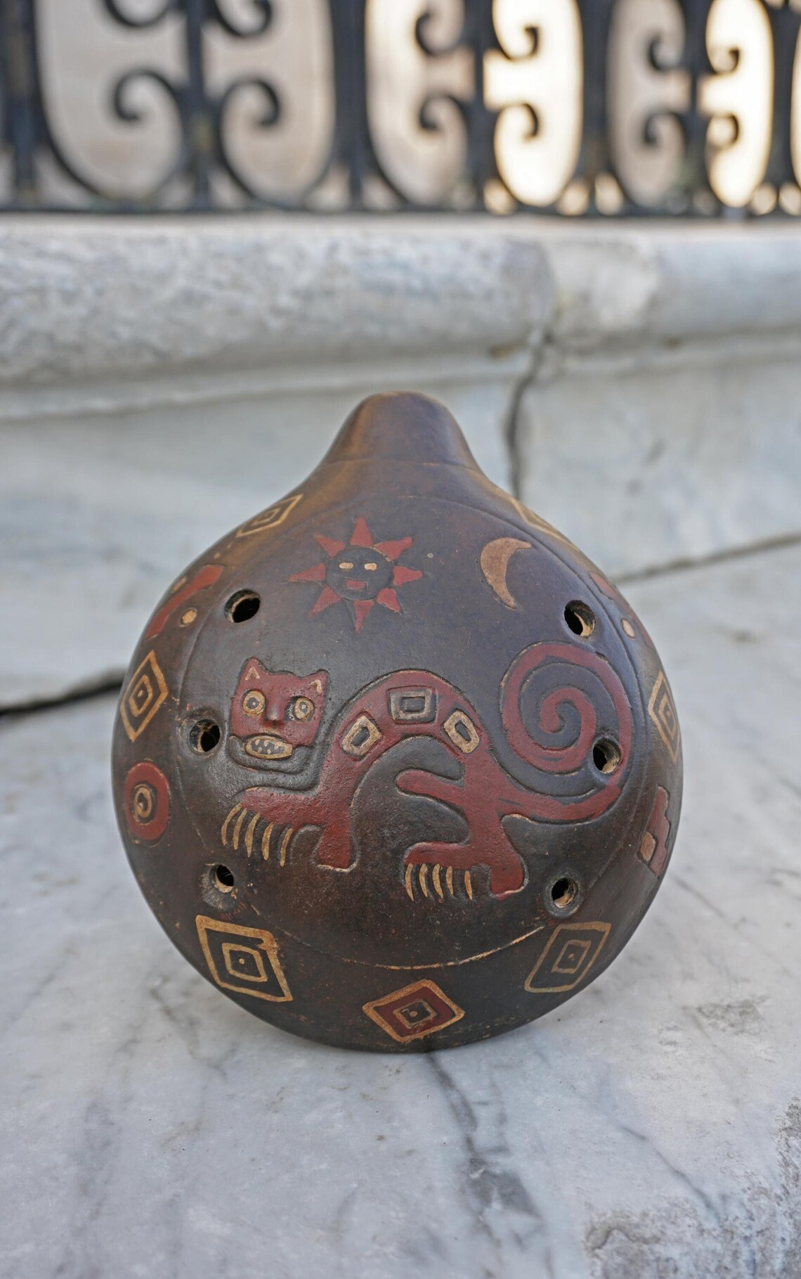 Peruvian Jaguar Ocarina / Clay Whistle Flute Otorongo / Hand Painted ...