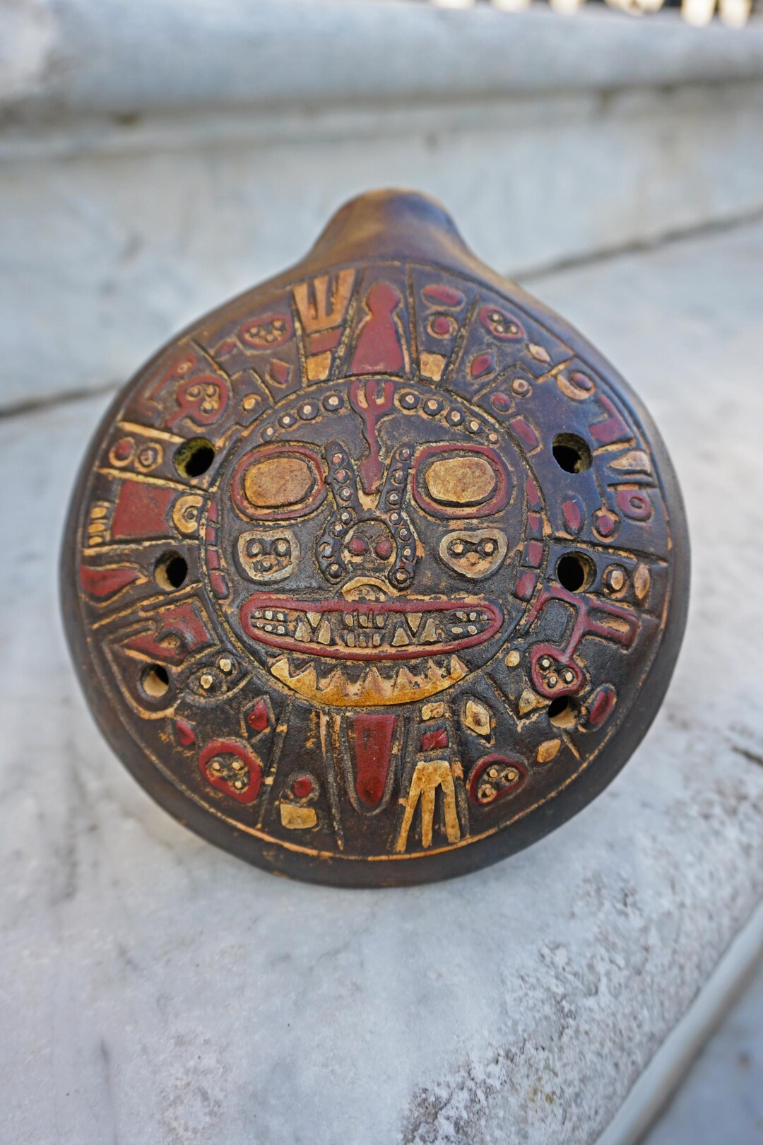 Peruvian Sun Ocarina / Clay Inti Whistle Flute / Hand Painted Silbato ...
