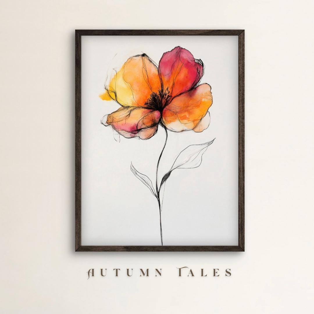 Watercolor Ink Single Flower Wall Art Print, Minimalist Spring Decor ...
