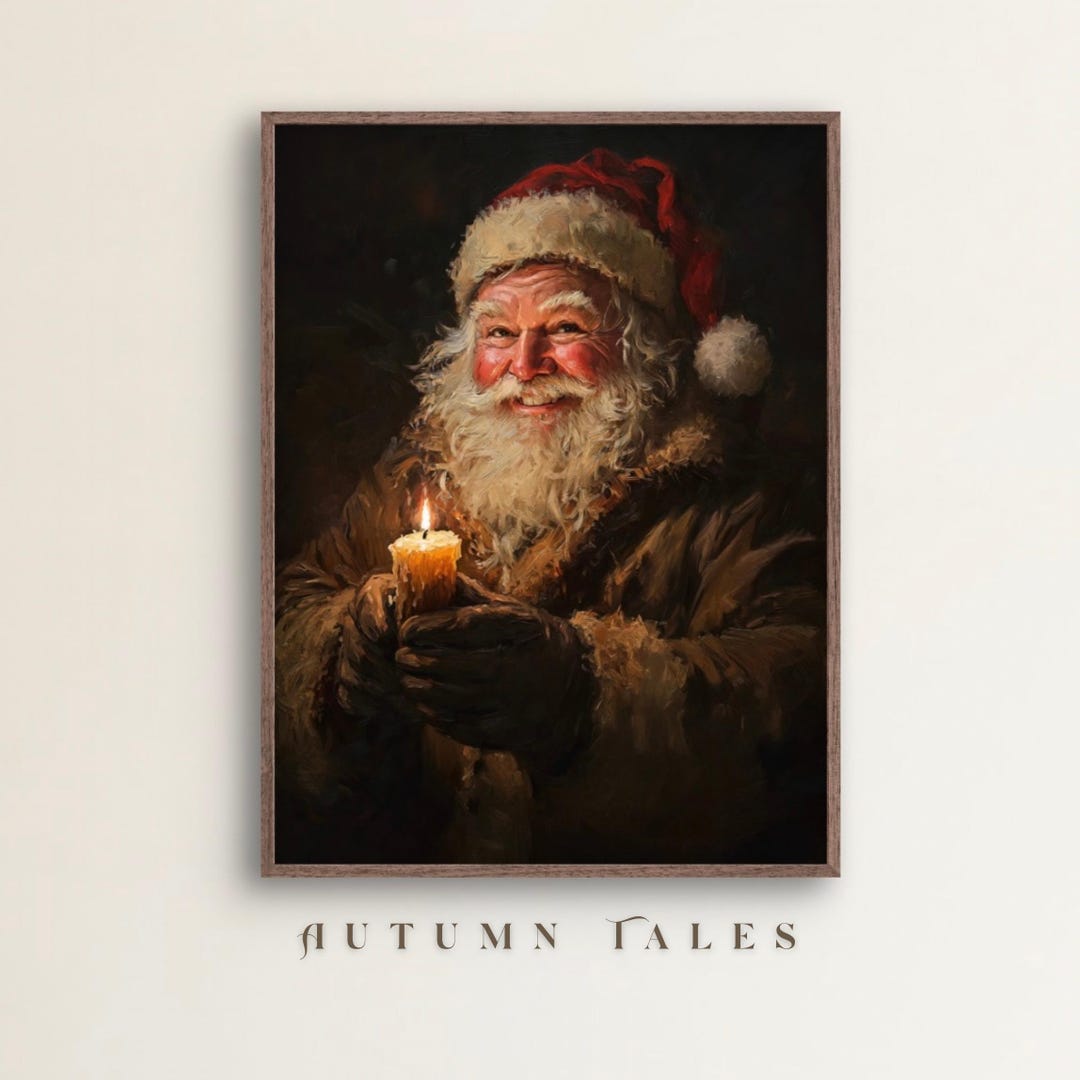 Vintage Moody Santa Wall Art Print Holding a Candle in a Cottage, Dark ...
