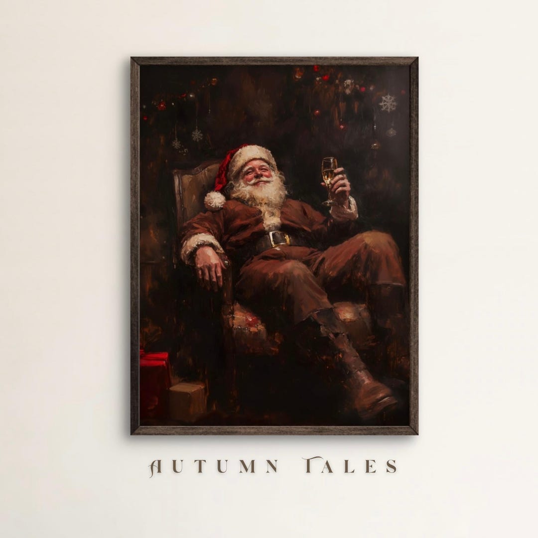 Moody Christmas Santa Wall Art Print, Santa Drinking Champagne ...