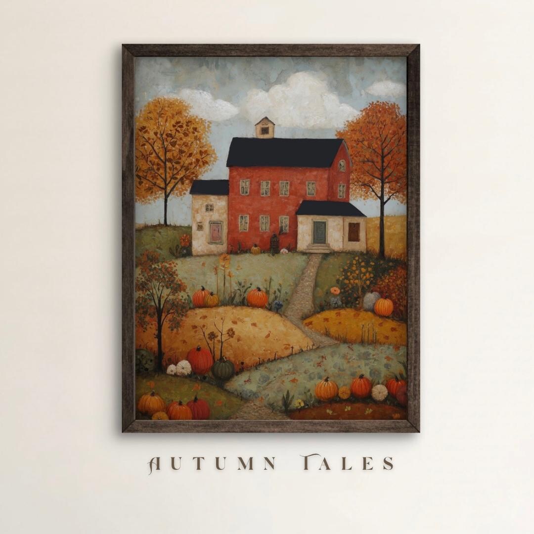 Fall Folk Art Style Wall Art Print Farmhouse Pumpkin Field Autumn ...