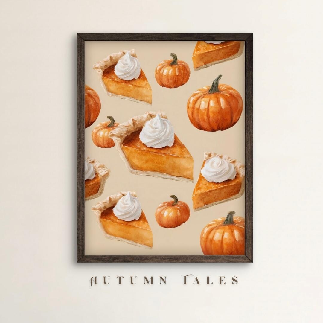 Printable Pumpkin Pie Pattern Wall Art Print Retro Watercolor Pumpkin ...