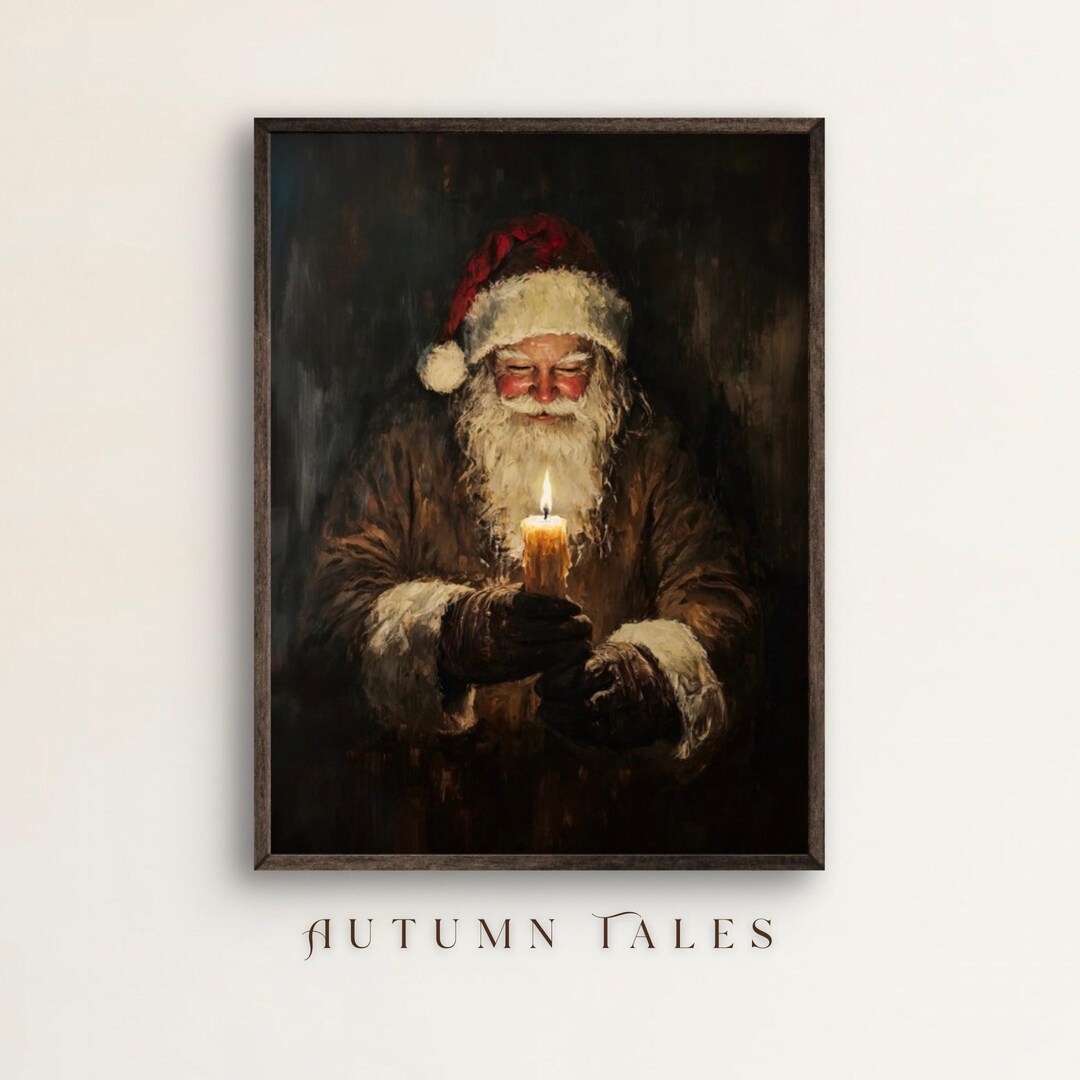 Moody Vintage Santa Wall Art Print | Rustic Oil Painting Style | Dark ...