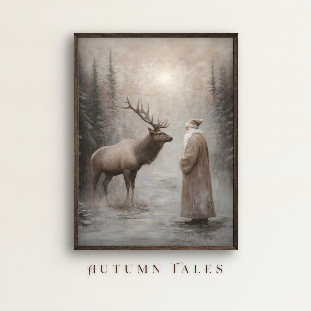 Moody Santa Reindeer Wall Art Print, Forest Snowfall in Winter ...