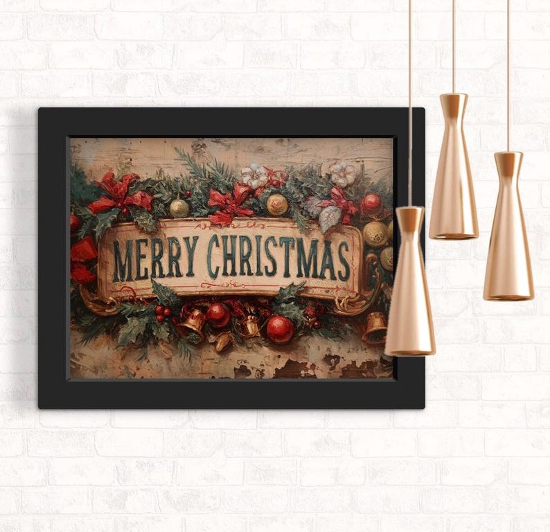Vintage Merry Christmas Wall Art Print Rustic Christmas Ornaments ...