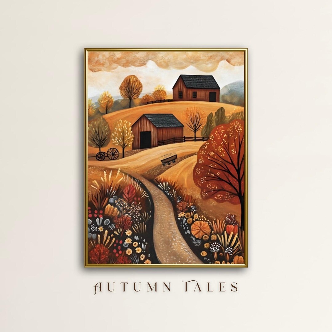 Folk Art Fall Wall Art Print, Autumn Countryside Farm Landscape in ...