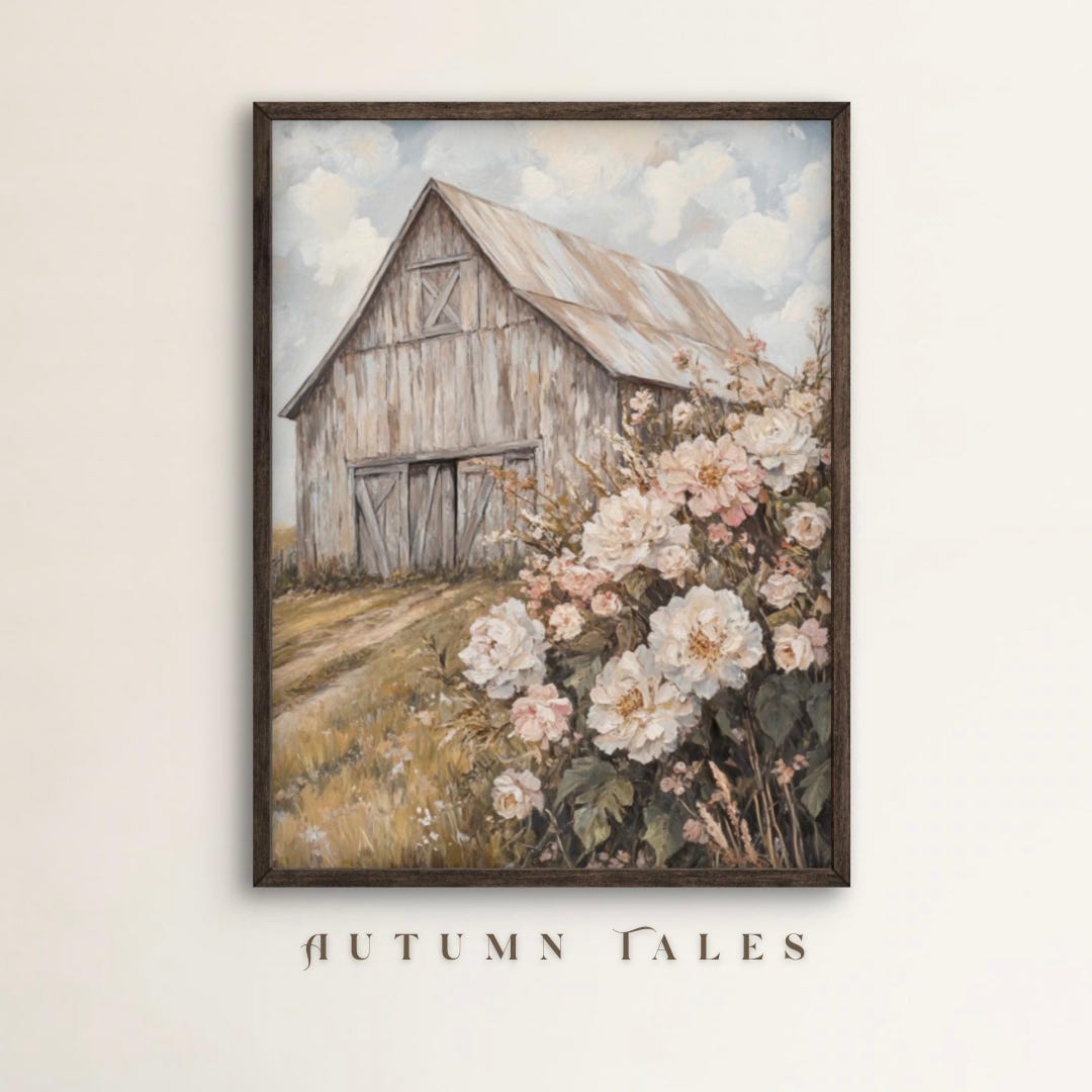 Vintage Barn and Spring Wildflowers Wall Art Print, Floral Spring ...