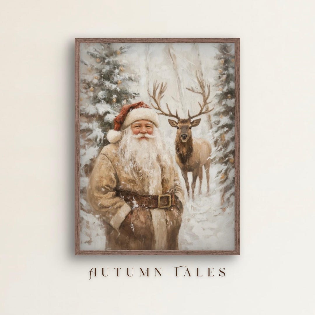 Santa Clause Reindeer Wall Art Print, Forest Snowfall in Winter ...