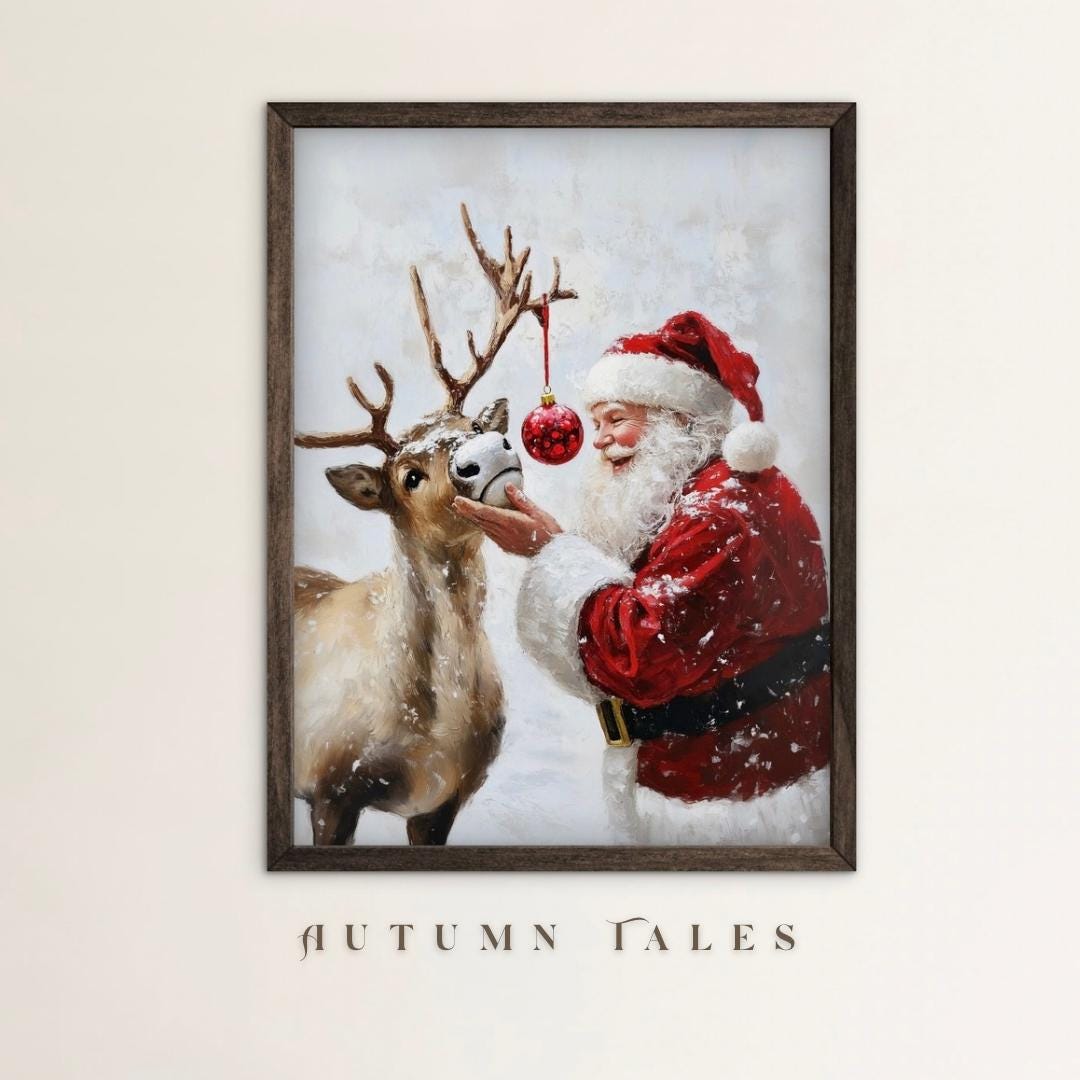 Vintage Santa Reindeer Wall Art Print Snow Winter Wonderland Forest ...
