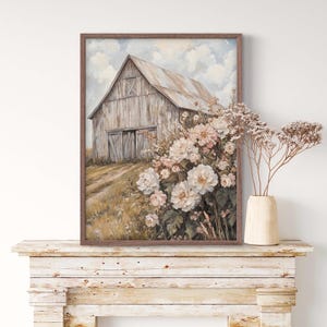Vintage Barn and Spring Wildflowers Wall Art Print, Floral Spring ...