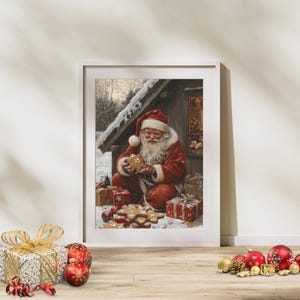 Christmas Wall Art Print, Santa Clause and Gingerbread Cookie, Festive ...