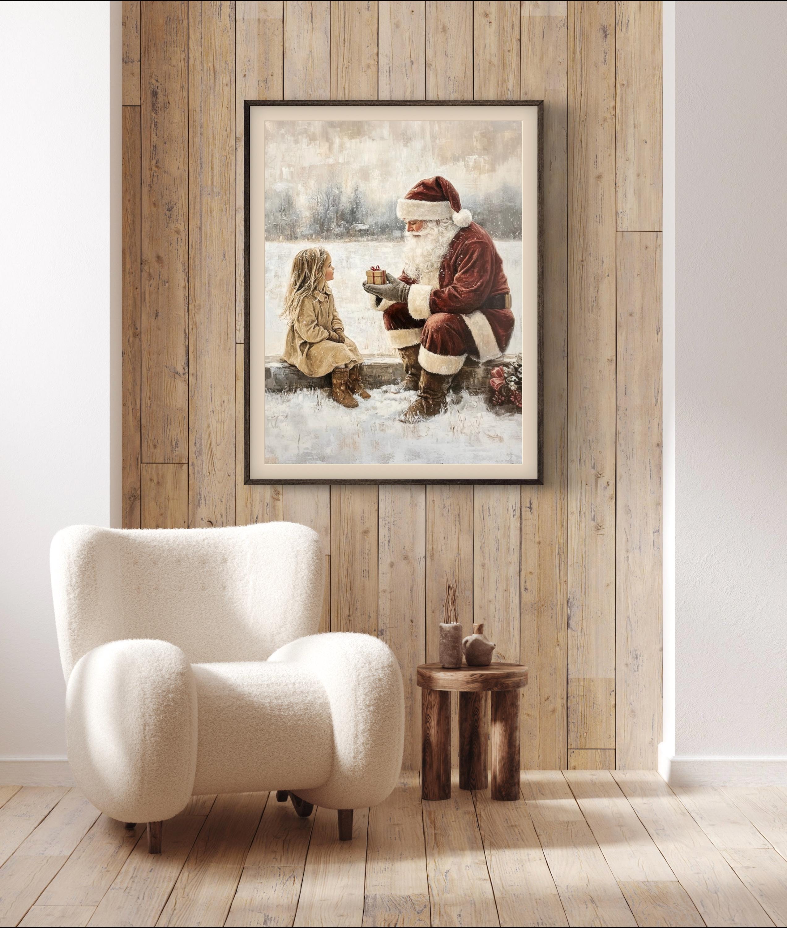 Vintage Santa & Little Girl in Forest Wall Art Print Decor, Moody ...
