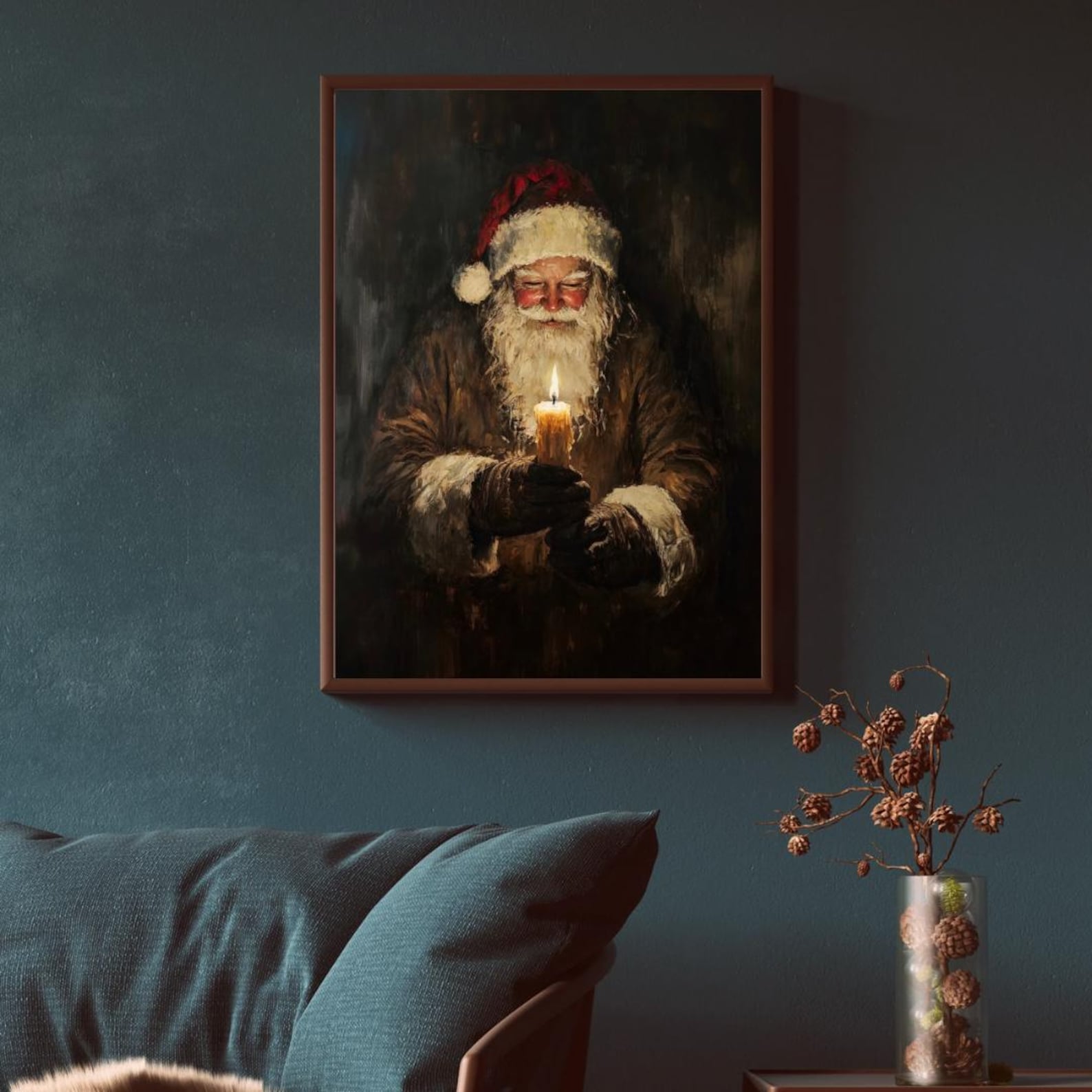 Moody Vintage Santa Wall Art Print | Rustic Oil Painting Style | Dark ...