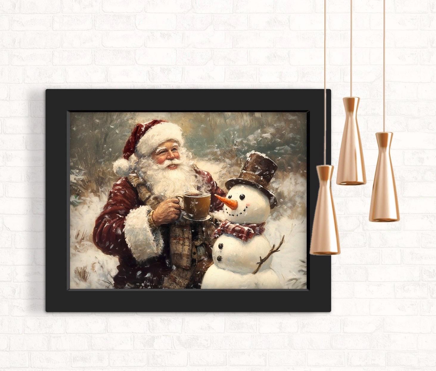 Vintage Santa and Snowman Christmas Wall Art Print Cozy Winter ...