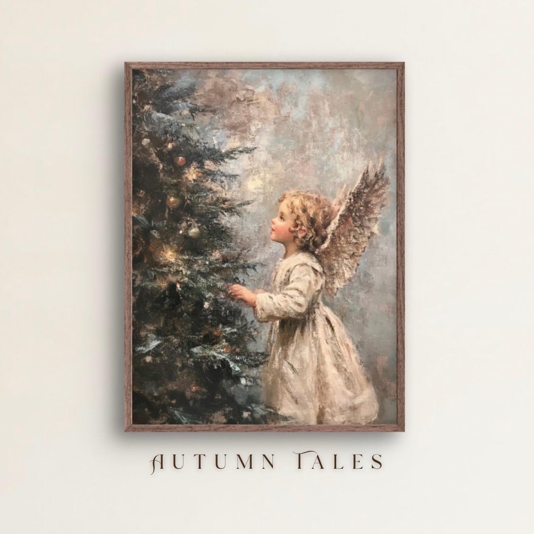 Vintage Angelic Child and Christmas Tree Wall Art Print, Moody ...