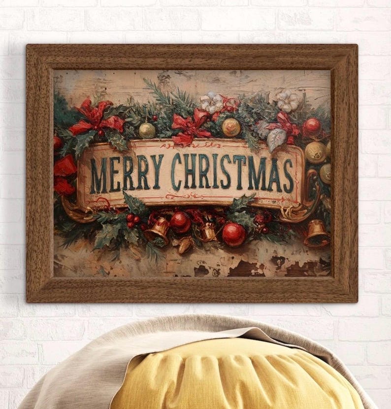 Vintage Merry Christmas Wall Art Print Rustic Christmas Ornaments ...